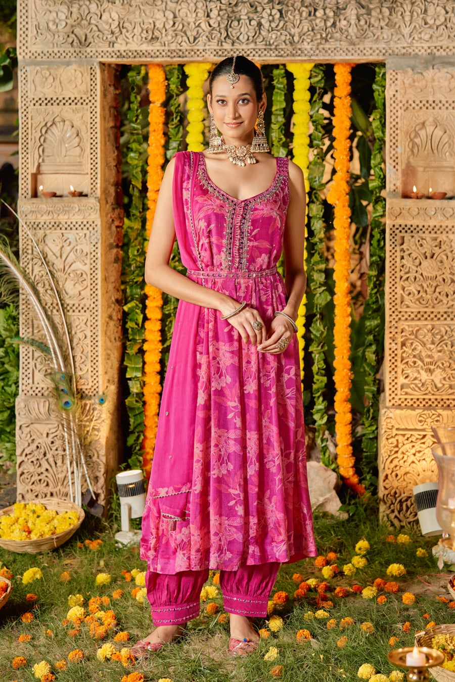 Fuchsia Rani Pure Chinnon Digital Printed Anarkali 3 pcs set With Beau